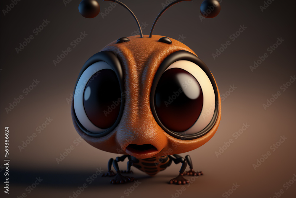 Close-Up View of a Realistic 3D Cartoon Brown Ant Character in Awe with ...