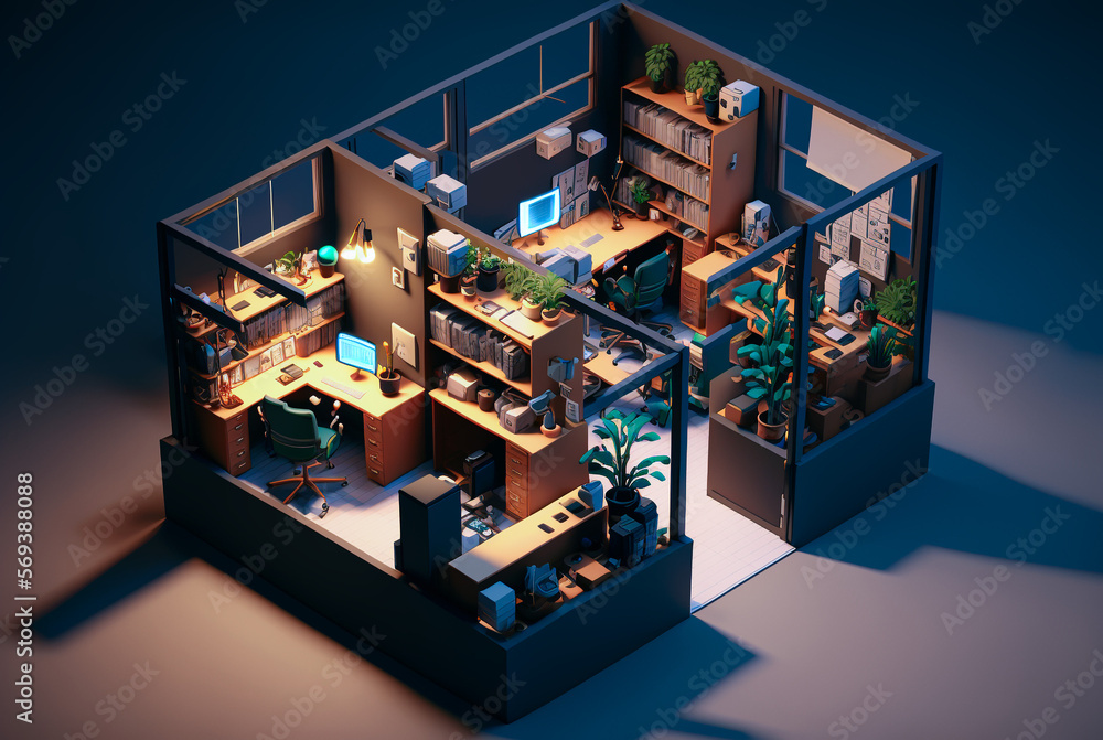isometric view of an office for multiple people with plants and ...