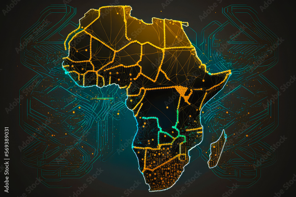 africa network map with connected server nodes and a dark theme ...