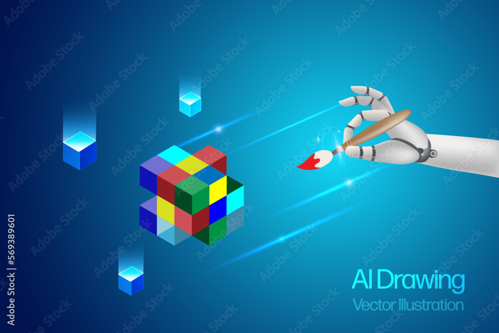 AI digital drawing art. Robot hold paintbrush drawing digital art ...