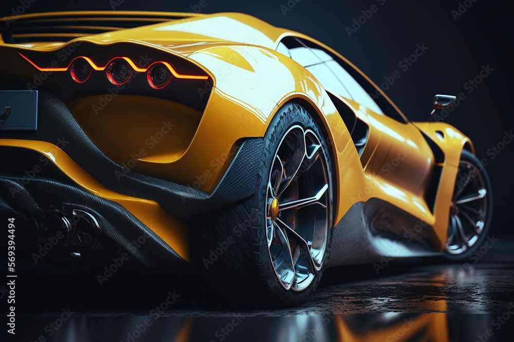 Cool yellow generic sports car in a dark studio background illustrated ...