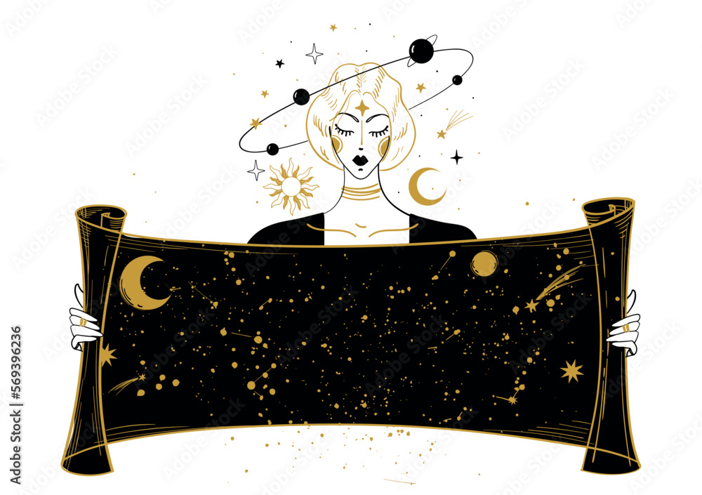Mystical hand drawing in vintage style. A girl with flying planets ...