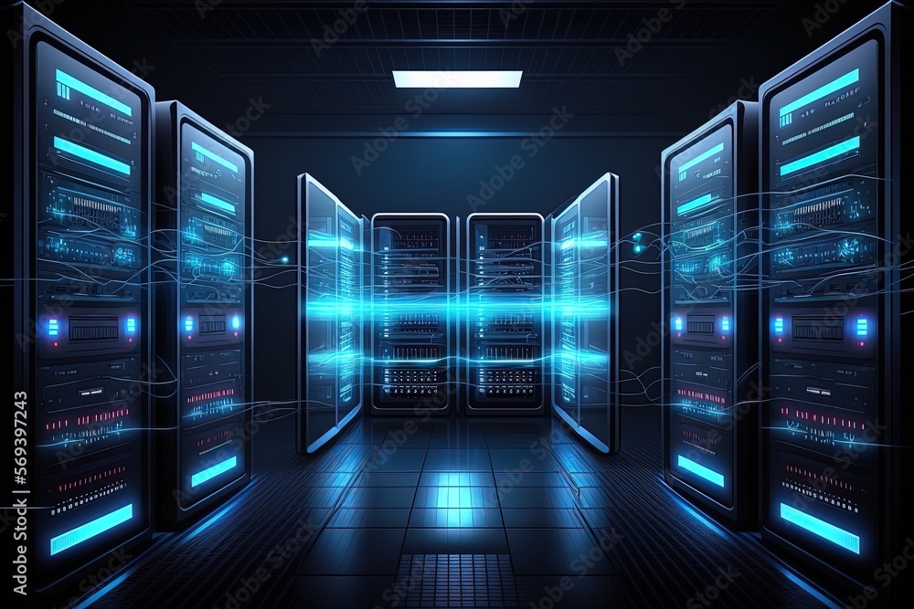 Generative AI data center room with mainframe storage servers, cloud ...