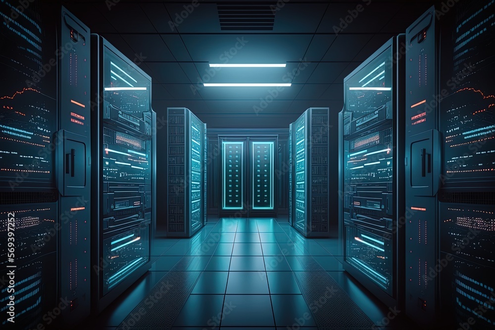 Generative AI data center room with mainframe storage servers, cloud network concept, hosting ...