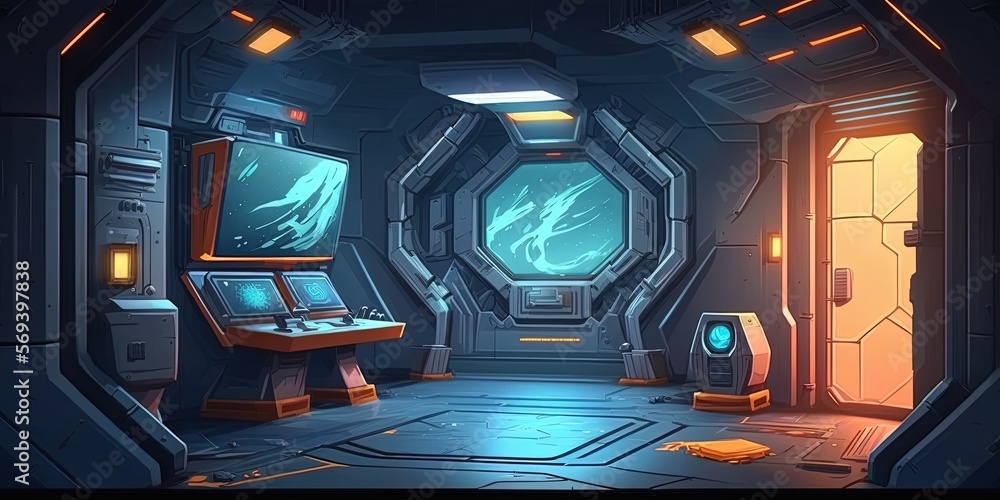 Sci-fi spaceship interior, 2D game background, game scene digital ...