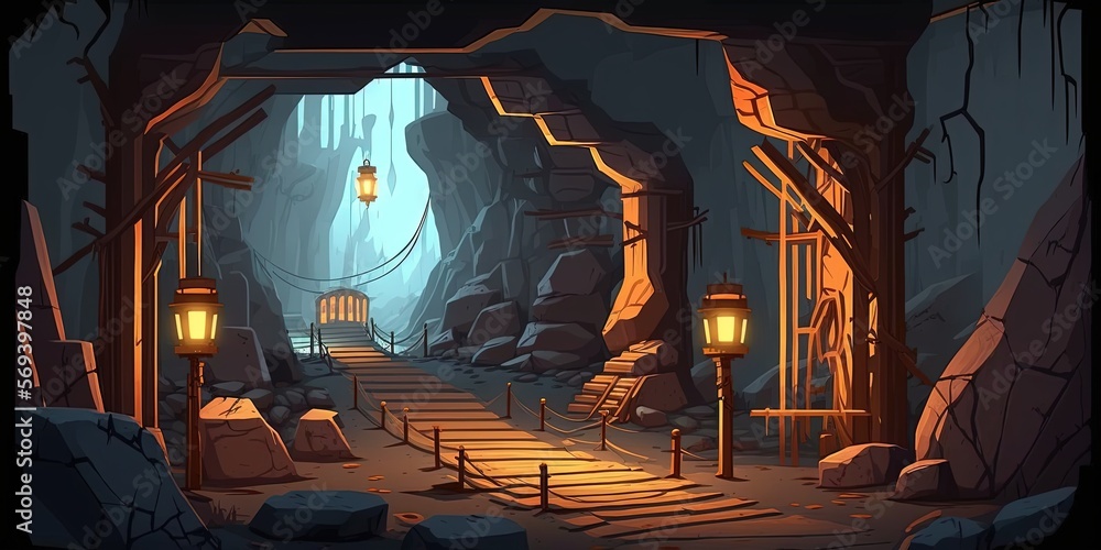 Underground mine with wooden structure and rails. 2D game background ...
