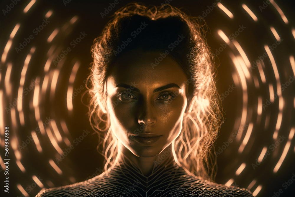 dramatic portrait of a pretty woman in golden bidirectional backlight ...