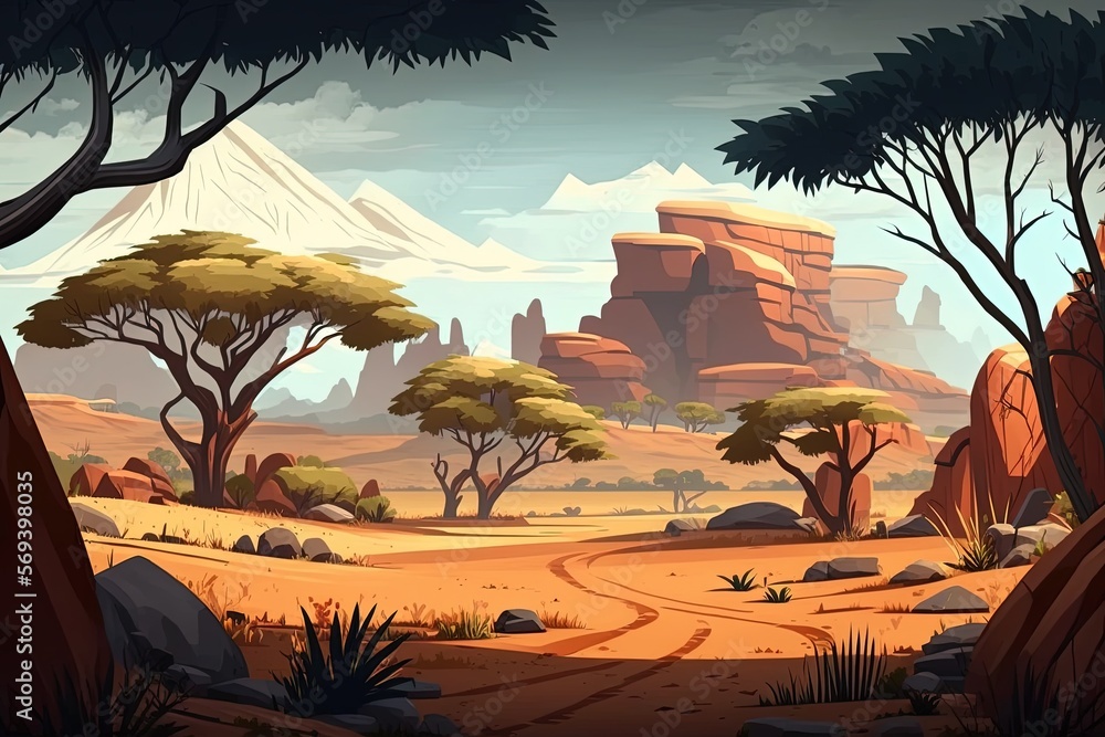 African savanna. 2D game background. Digital illustration of scenery ...