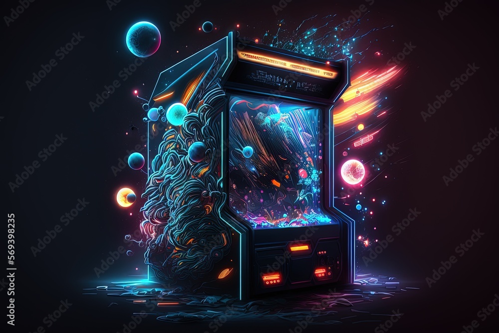 Neon lights arcade machine, abstract glowing background, digital ...