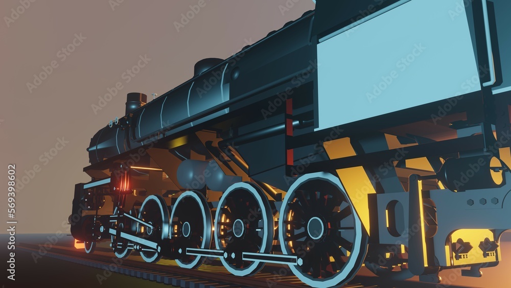 3D Rendered vintage train with various camera angles with dark and ...