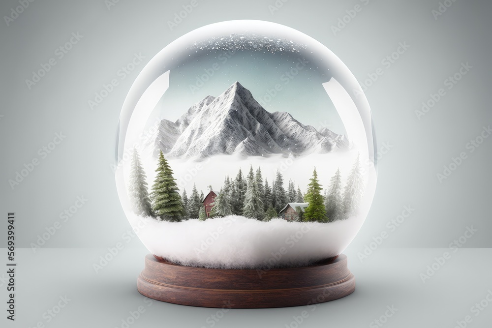 Snow globe with landscape inside, with mountains, and pine trees ...