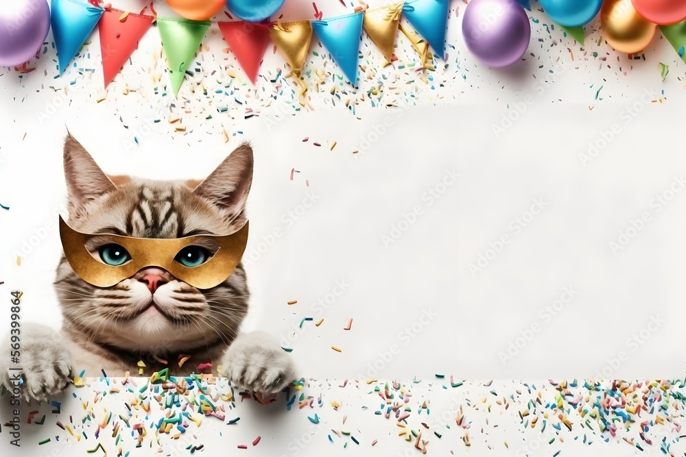 Cute cat celebrating birthday and carnival with mask, confetti and ...