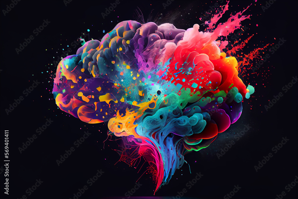 Concept art of a human brain exploding with knowledge and creativity ...
