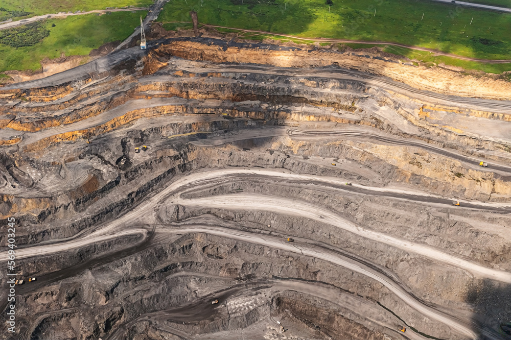 Panoramic aerial view of coal mine. Open pit mine industry, big yellow ...