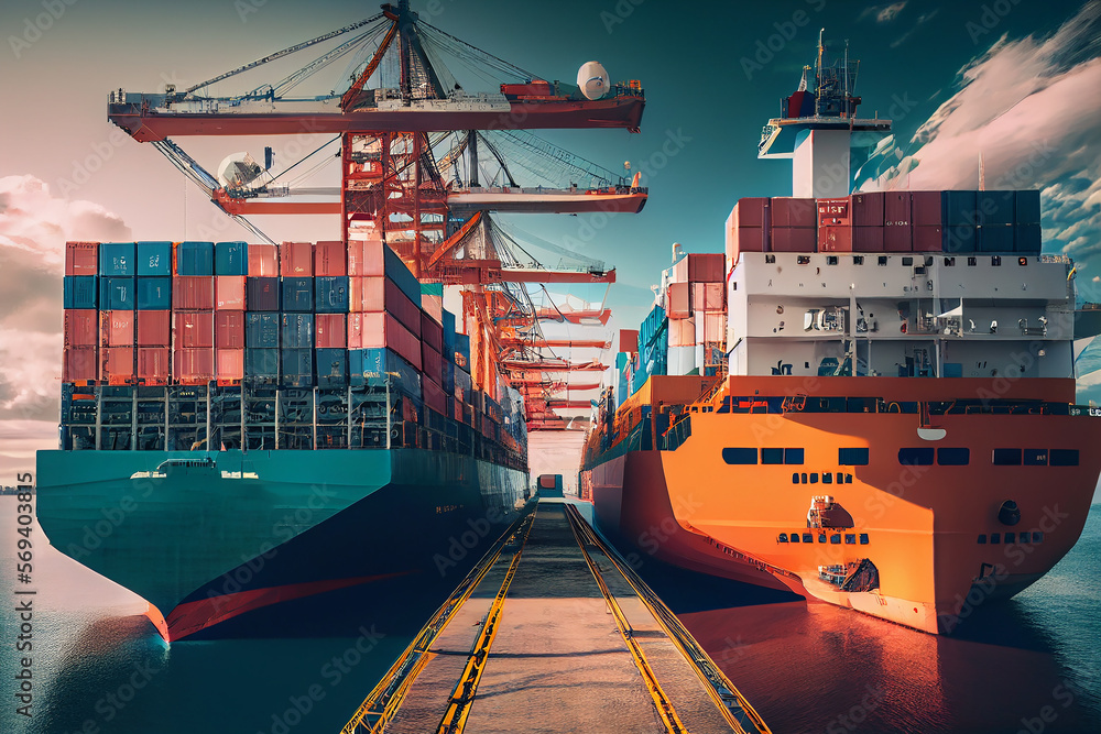 A loaded container cargo ship is seen in the front as docked at the ...