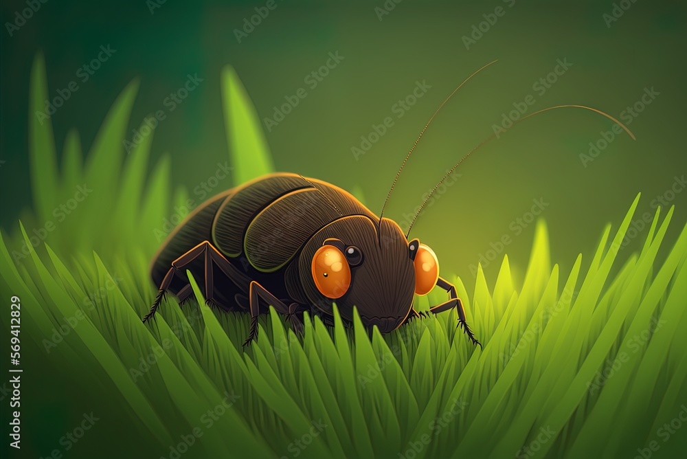 Macro photograph of a mole insect moving across a field of green grass ...