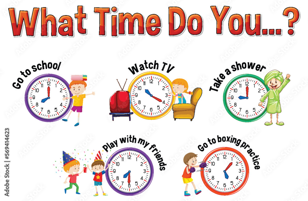 Daily routine with time and cartoon characters Stock Vector | Adobe Stock