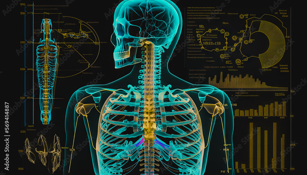 High-tech MRI scan of the spine, with hologram numbers and overlay ...