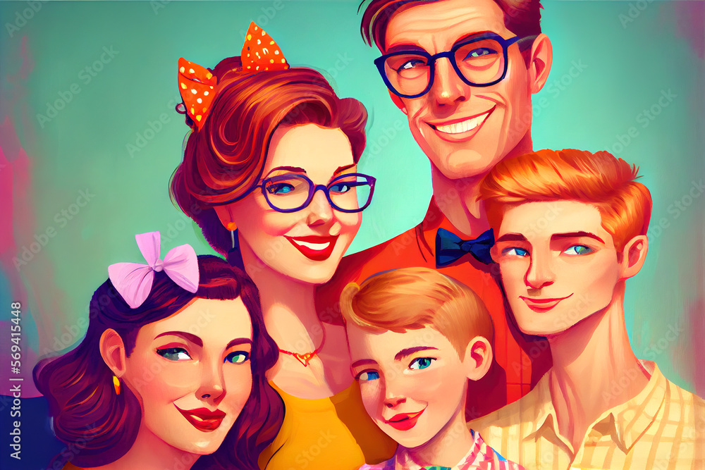 cartoon photo of young happy family. Generative AI Stock Illustration ...