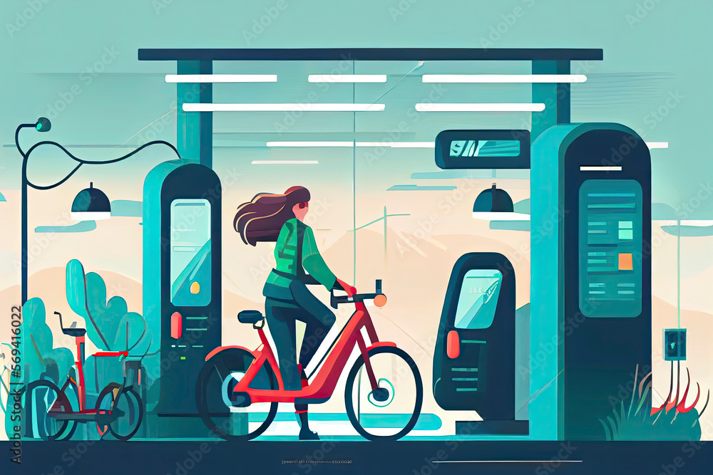 Smiling woman charging electric car at recharging power station charger ...