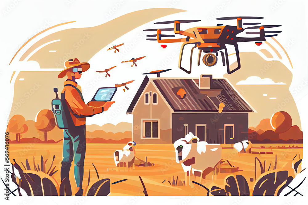 Ilustracja Stock: Cartoon farmer controlling drone in field. Smart ...