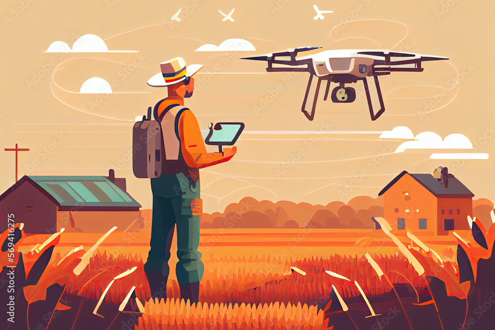 Cartoon farmer controlling drone in field. Smart farming scene in ...