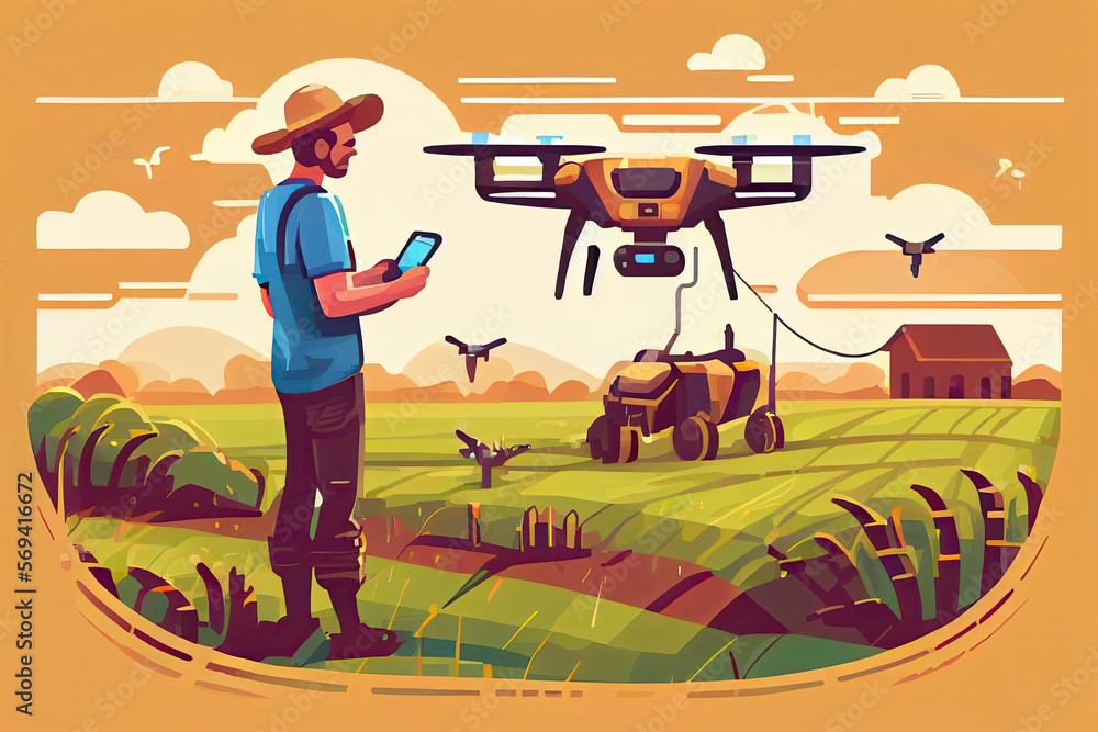 Cartoon farmer controlling drone in field. Smart farming scene in ...