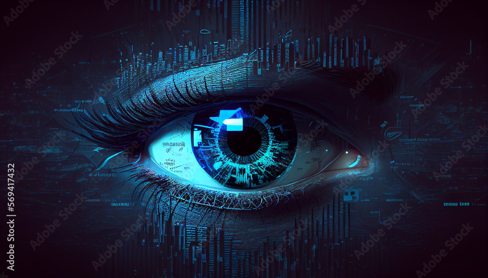Blue digital eye with algorithm and high tech futuristic effect ...