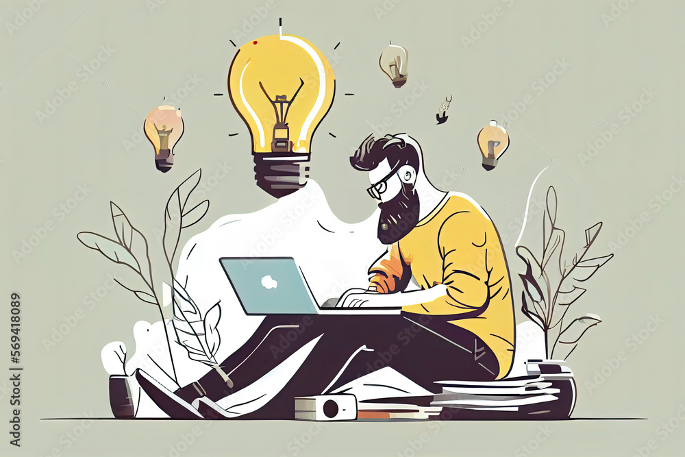 Young man working on the laptop computer and having a idea. Freelance job, creativity innovation ...