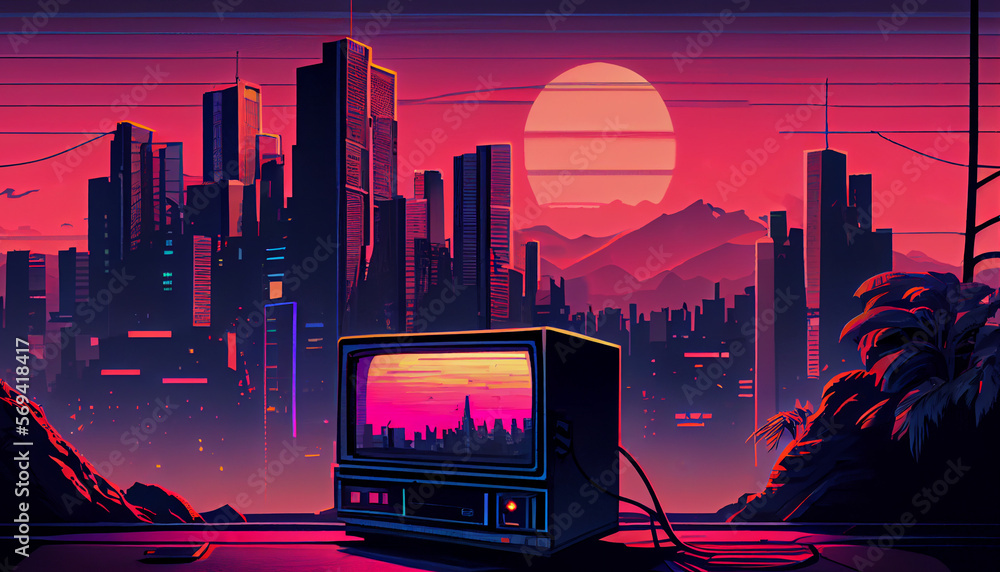 Retrowave TV Fernseher und City, Synthwave, Futuresynth, Outrun im 16:9 ...