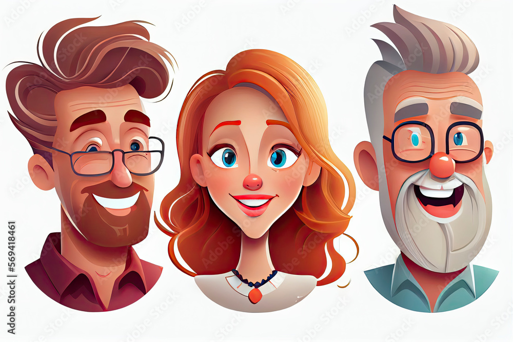 portraits of happy people on a white background. Cartoon characters ...