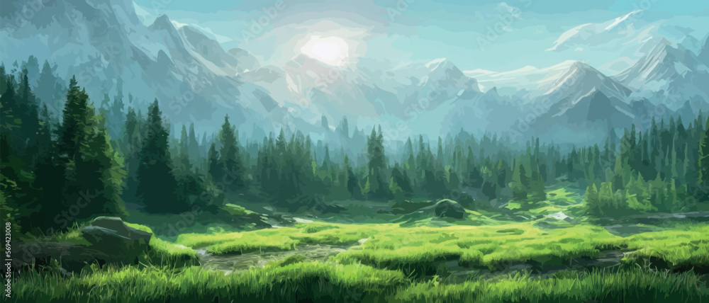 Vector horizontal landscape with fog, forest, mountains, morning ...