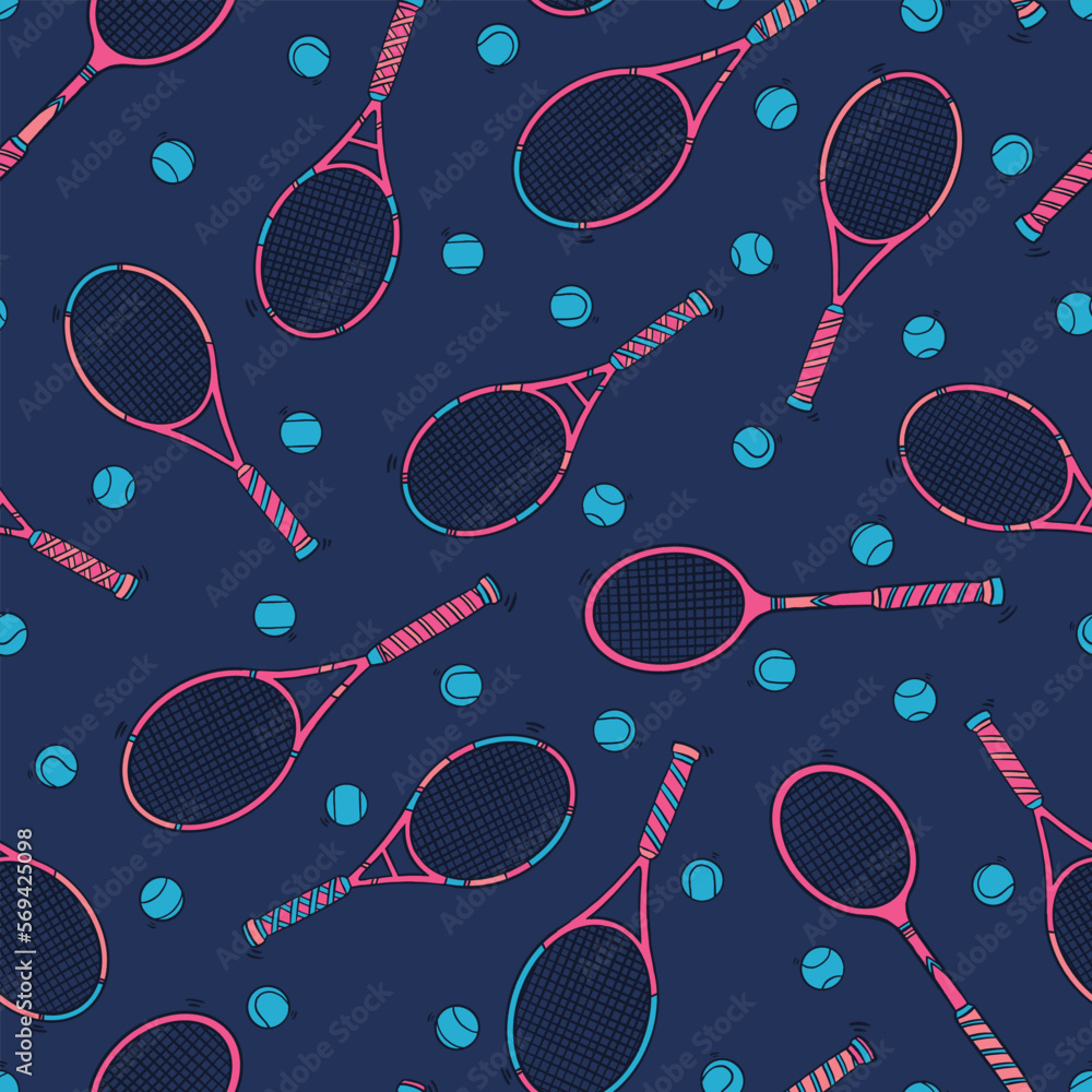 Tennis Racket Doodle Seamless Pattern Cartoon Illustration Vector