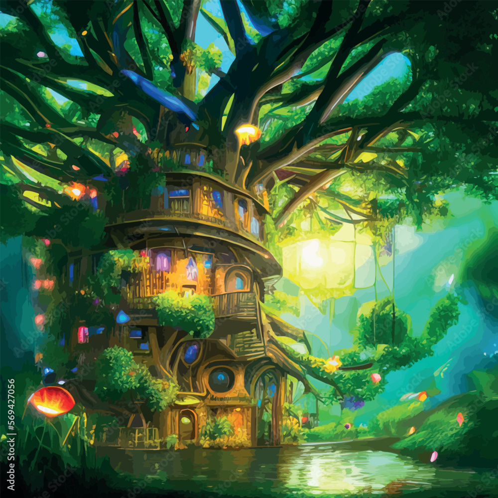 Fairy-tale house in a tree with a roof intertwined. Square flat cartoon ...