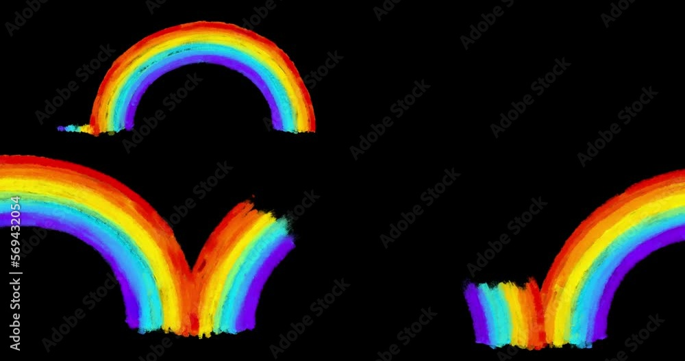 Many rainbows drawing moving from left to right on black background ...