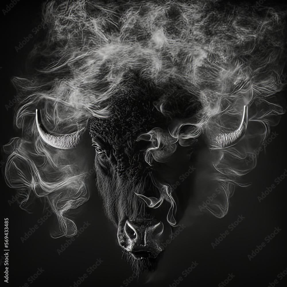 An imposing bull with immaculate white smoke curls against a pure black ...