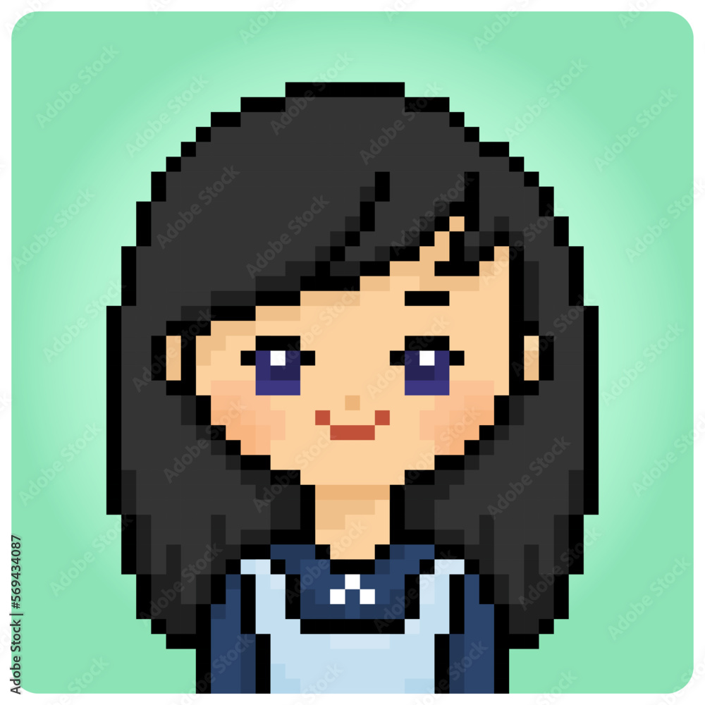 8 bit pixel human portrait. Cartoon young girl for game assets in ...