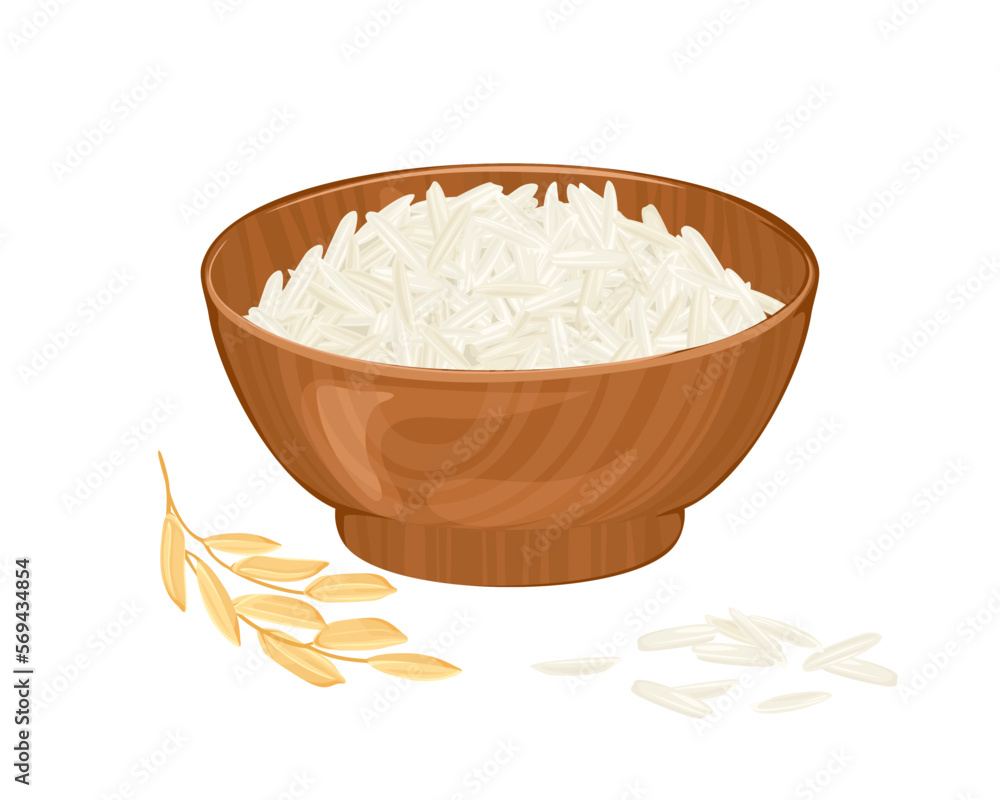 Heap of Long Basmati Rice in wooden bowl isolated on white background ...