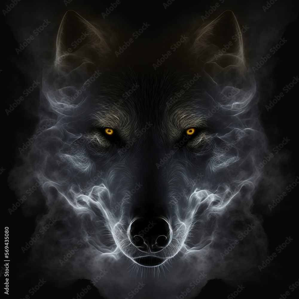 Smoking white wolf painted on a minimalist black. An atmosphere filled ...