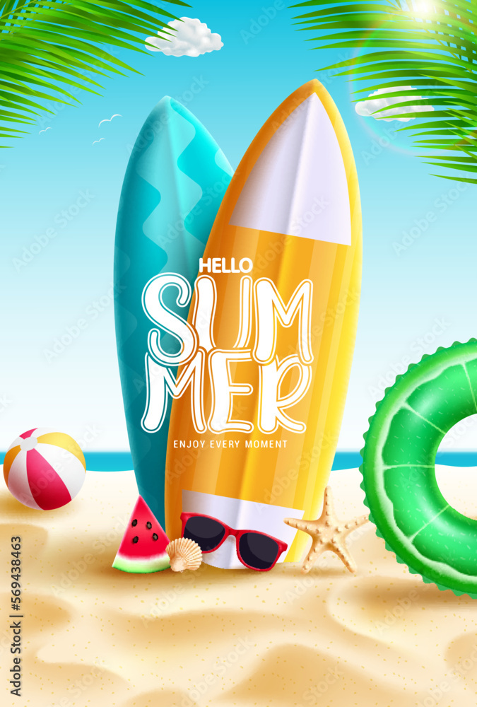 Hello summer vector design. Hello summer text in surfing board element ...