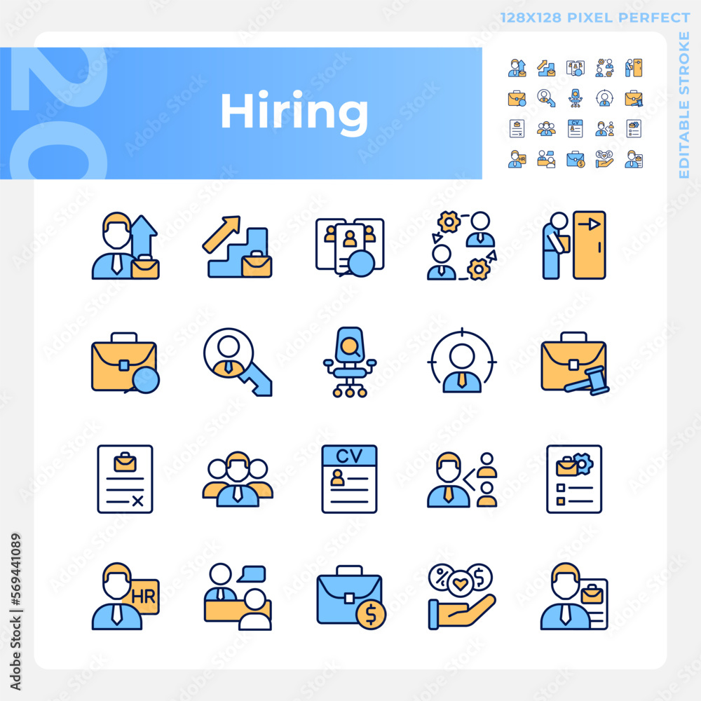 Hiring pixel perfect RGB color icons set. Recruitment process. Company ...