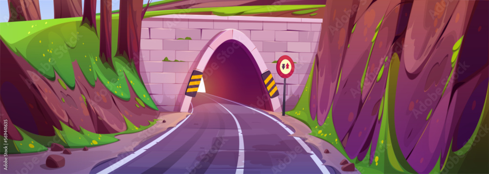 Cartoon road going through tunnel in mountain with warning sign. Vector ...
