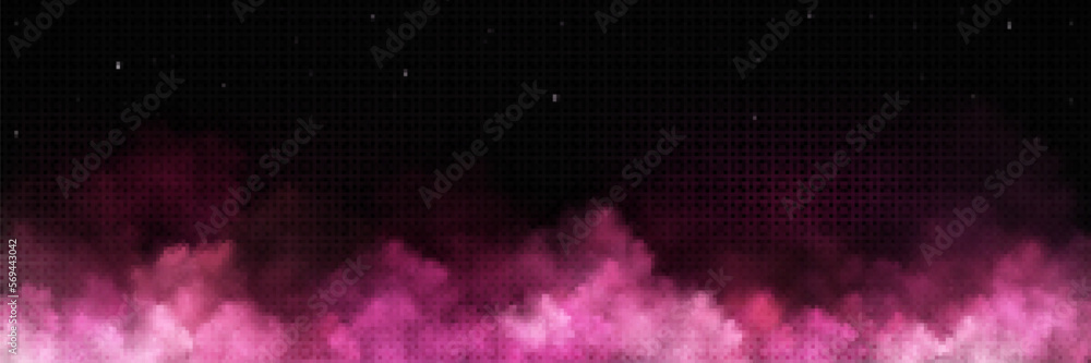 Vetor de Cloud of pink smoke on black transparent background, bright stars shining in dark night ...