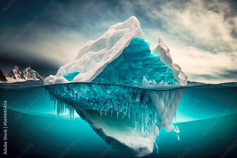 pieces of melting ice fall off floating iceberg and fall into water in ...