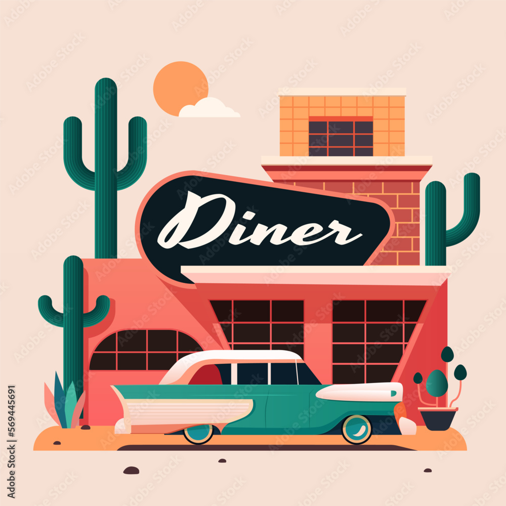 Old diner with cafe and parking in desert. Vector cartoon illustration ...