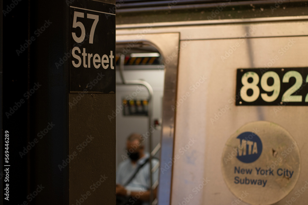 New York, NY, USA - July 6, 2022: Closeup of the sign in the 57th ...