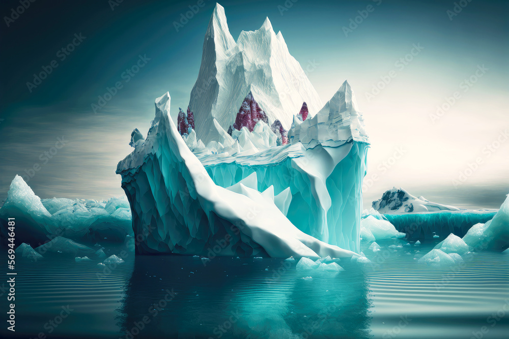floating iceberg with snow-white top and sharp dangerous peaks of ice ...