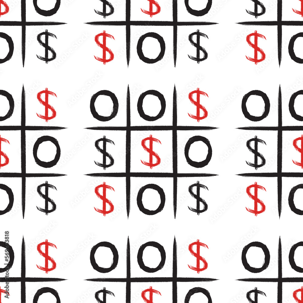 Tic-tac-toe game with dollar signs. Seamless pattern, funny hand drawn ...
