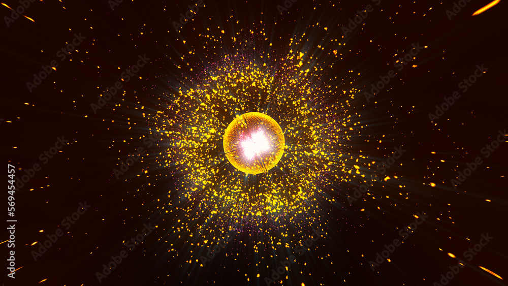 Abstract futuristic glowing with yellow light round sphere space star ...