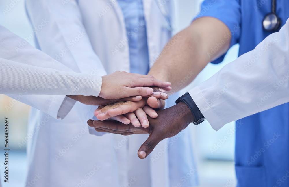 Healthcare, teamwork and hands together in huddle for team building, collaboration and ...
